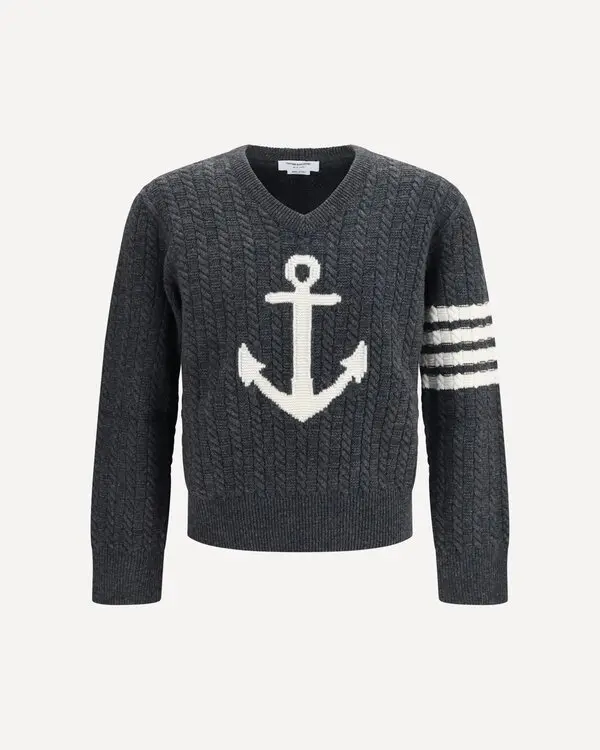 Thom Browne Bar Merino Wool Sweater With Anchor Motif - Grey