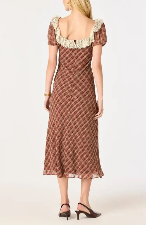 Astr The Label Edwardine Lace Trim Plaid Midi Dress