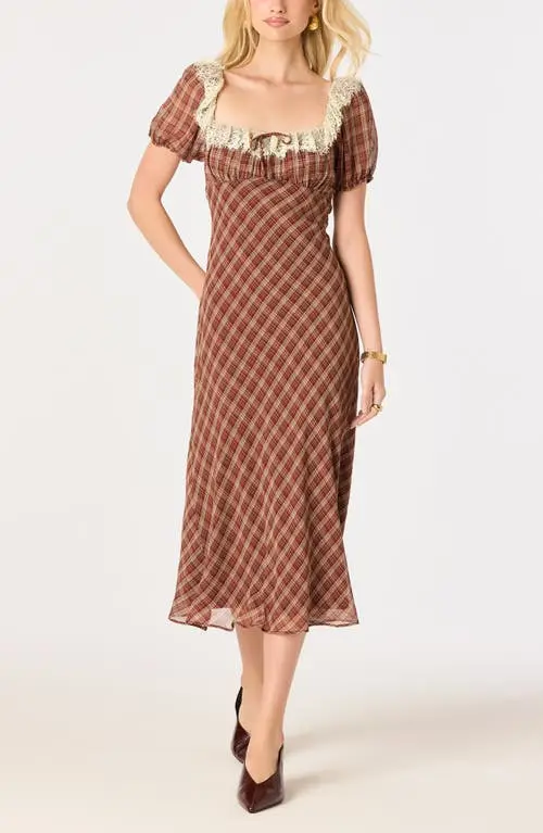 Astr The Label Edwardine Lace Trim Plaid Midi Dress