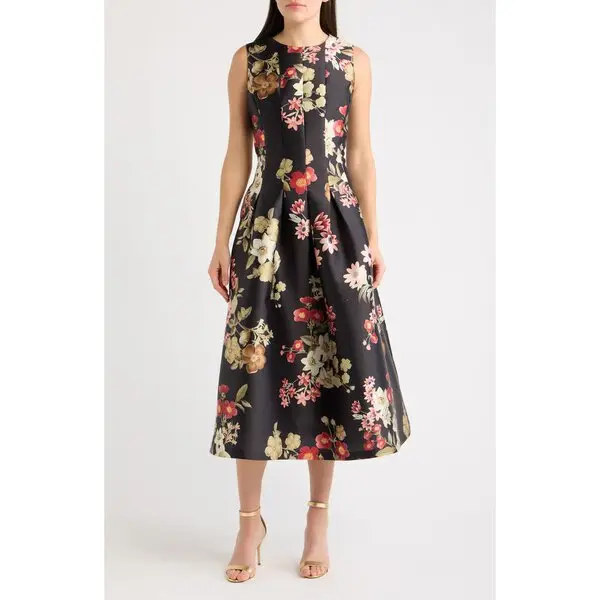 Julia Jordan Floral Print Pleated Cocktail Dress - Black Multi