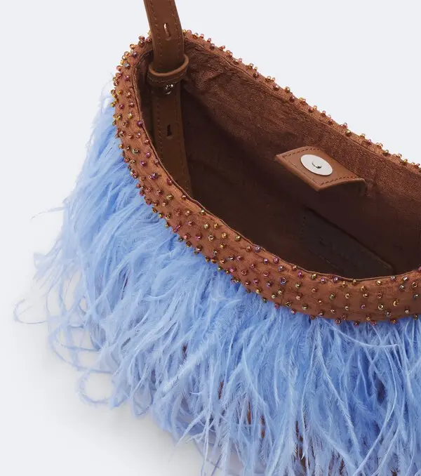 Staud Winslow Feather-trimmed Shoulder Bag - Blue