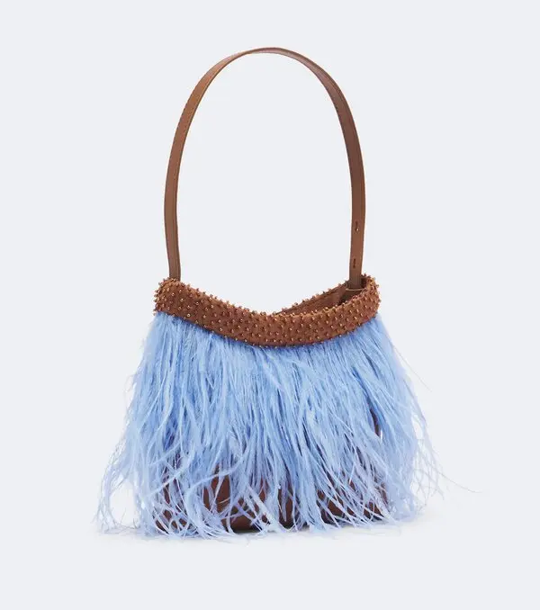 Staud Winslow Feather-trimmed Shoulder Bag - Blue