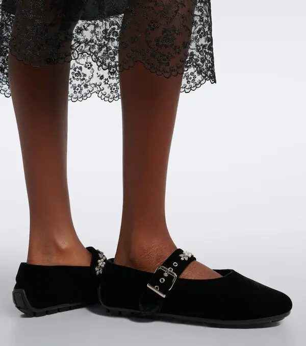 Simone Rocha Embellished Velvet Mary Jane Flats - Black
