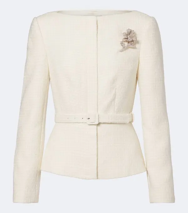Roland Mouret Belted Embellished Bouclé Jacket - White