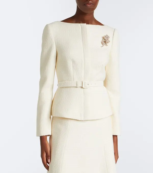 Roland Mouret Belted Embellished Bouclé Jacket - White
