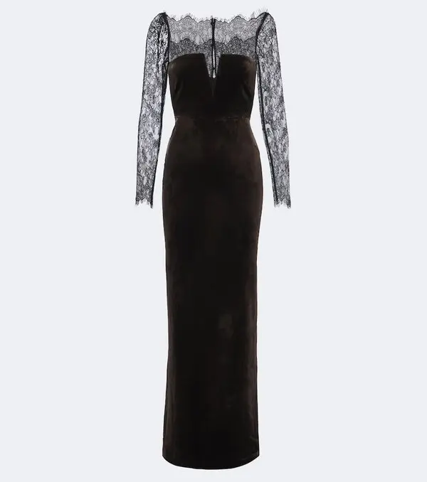 Roland Mouret Lace-trimmed Velvet Gown - Brown