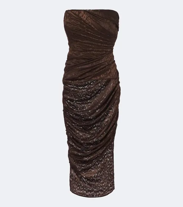 Alex Perry Leopard-print Ruched Lace Midi Dress - Brown