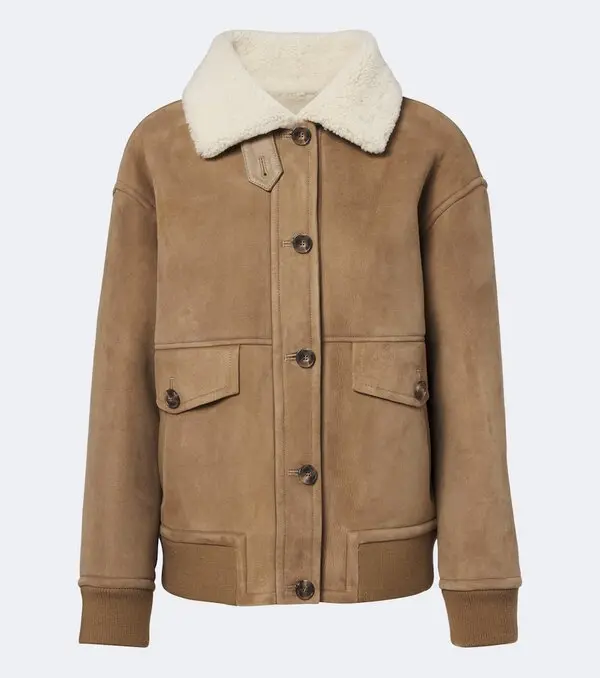 YVES SALOMON Teddy-trimmed Suede Jacket - Brown