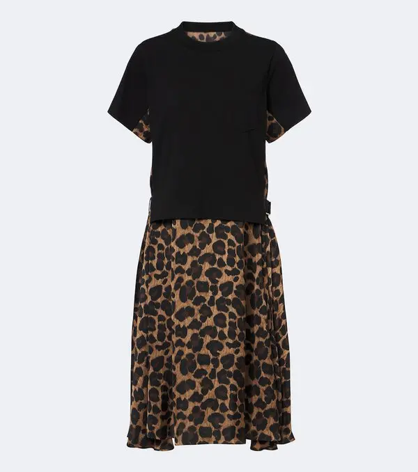 Sacai Leopard-print Cotton Jersey Midi Dress - Multicoloured