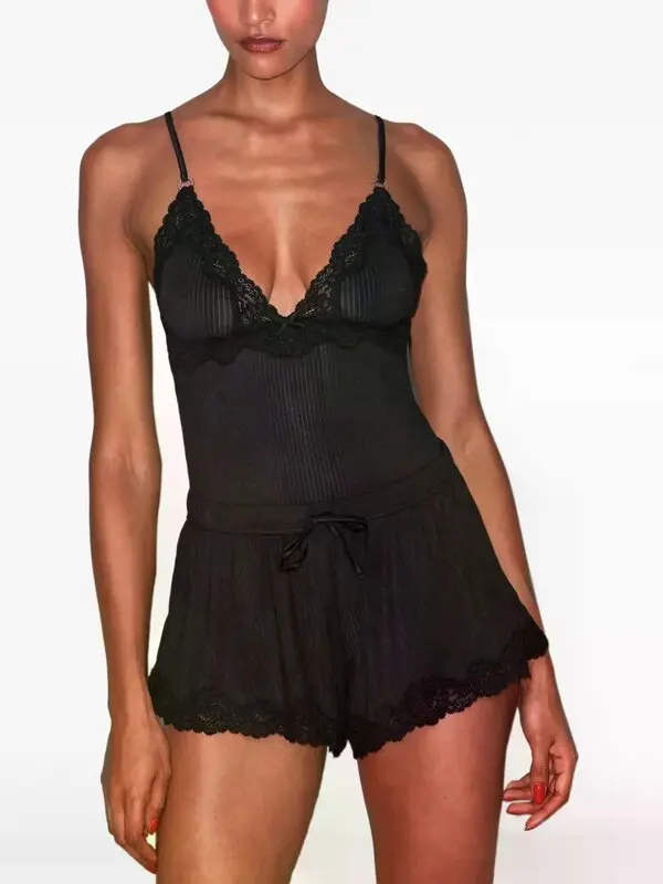 FLEUR DU MAL Lace-trim Ribbed Top - Black