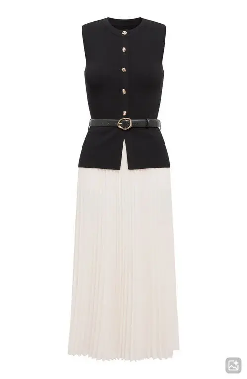 EVER NEW Loiusa Belted Sleeveless Mixed Media Maxi Dress