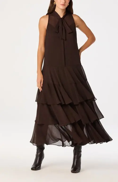 Astr The Label Katheryn Tie Neck Tiered Midi Dress - Espresso