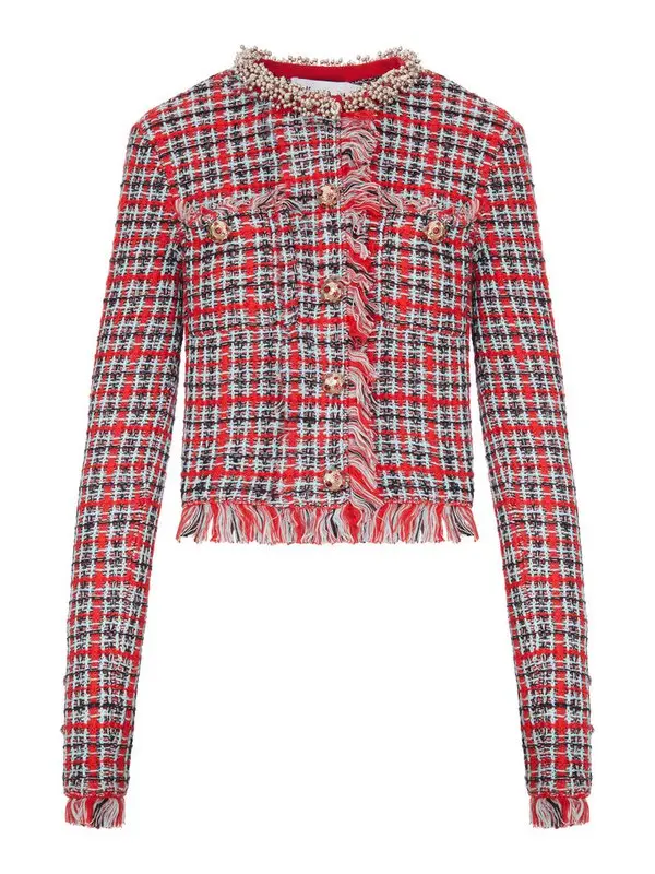 SELF-PORTRAIT Tweed Short Jacket With Jewel Collar - Multicolor