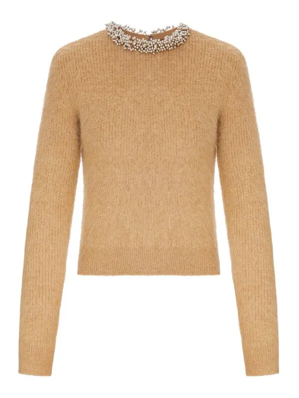 SELF-PORTRAIT Alpaca Blend Sweater With Jewel Collar - Brown