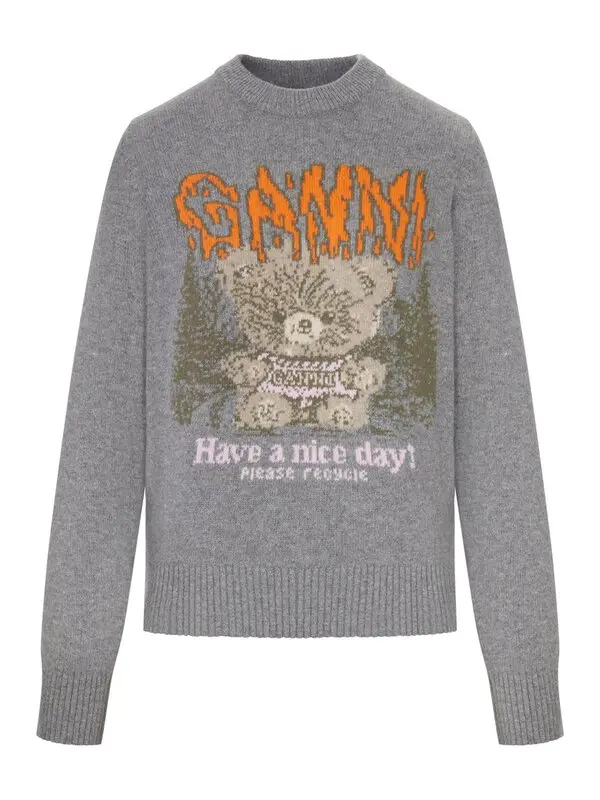 GANNI Crewneck Knit Sweater With Front Graphic Intarsia - Multicolor