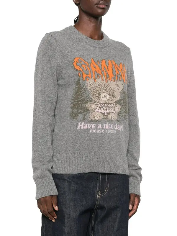 GANNI Crewneck Knit Sweater With Front Graphic Intarsia - Multicolor