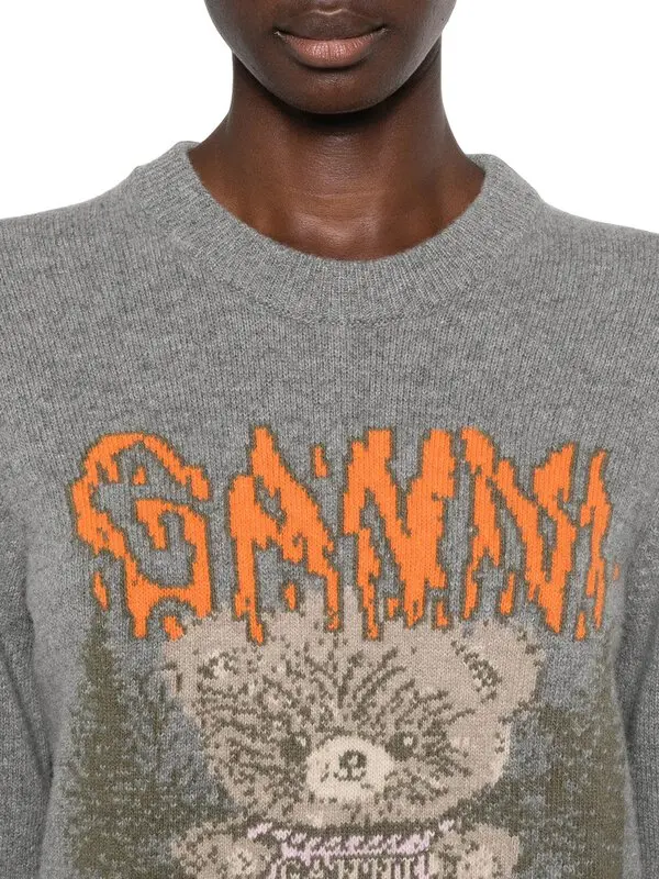 GANNI Crewneck Knit Sweater With Front Graphic Intarsia - Multicolor