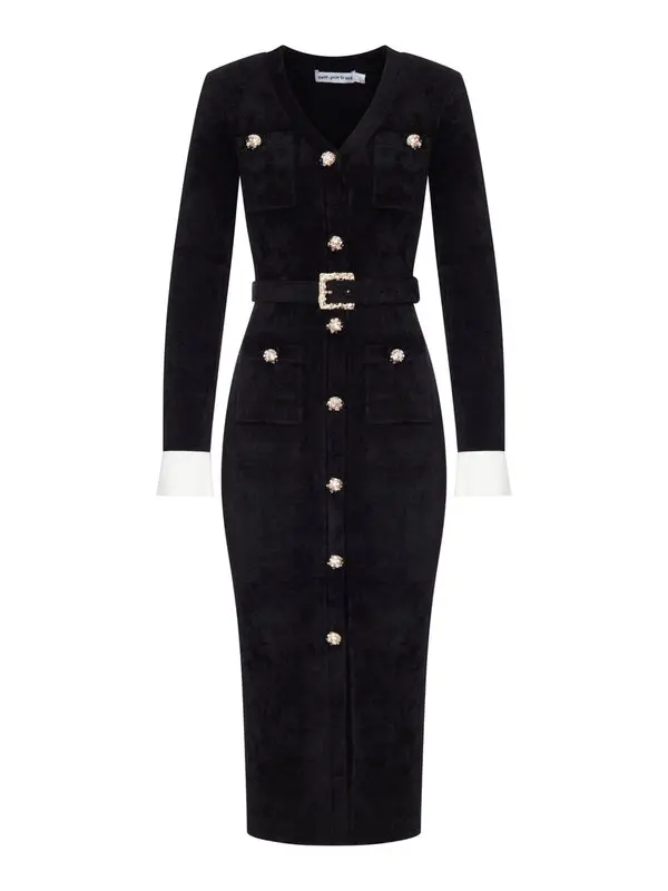 SELF-PORTRAIT Velvet Midi Dress With Jewel Buttons And Belt - Black