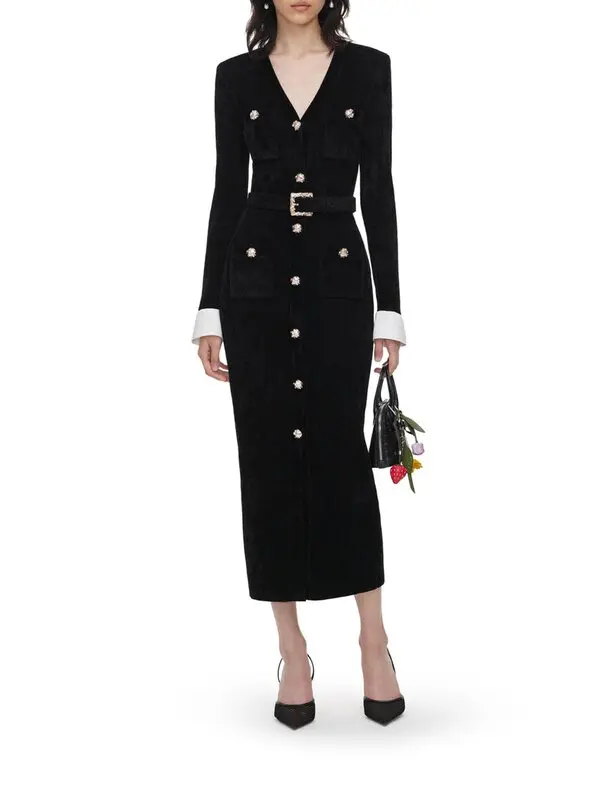 SELF-PORTRAIT Velvet Midi Dress With Jewel Buttons And Belt - Black