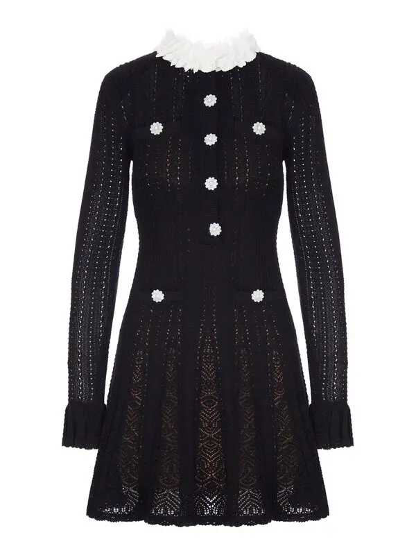 SELF-PORTRAIT Short Dress In Openwork Knit With Floral Collar And Jewel Buttons - Black