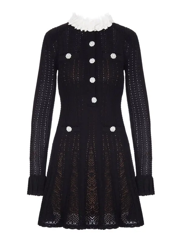 SELF-PORTRAIT Short Dress In Openwork Knit With Floral Collar And Jewel Buttons - Black