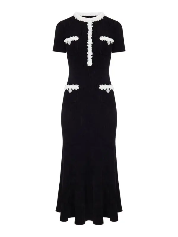 SELF-PORTRAIT Long Ribbed Knit Dress With Contrasting Floral Profiles - Black