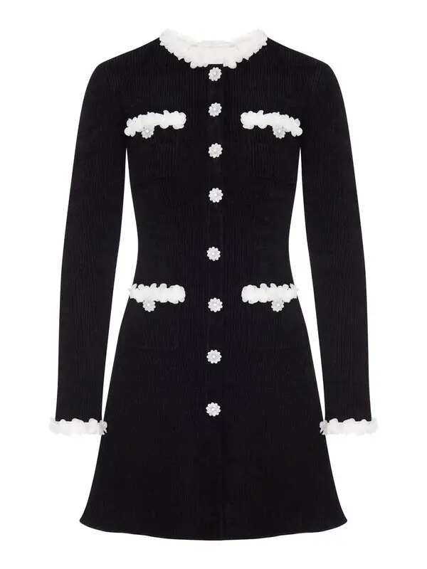 SELF-PORTRAIT Short Ribbed Knit Dress With Floral Profiles And Jewel Buttons - Black