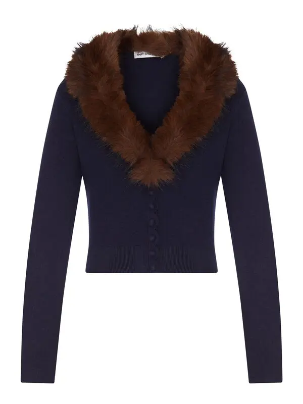 SELF-PORTRAIT Short Knit Cardigan With Faux Fur Collar - Blue