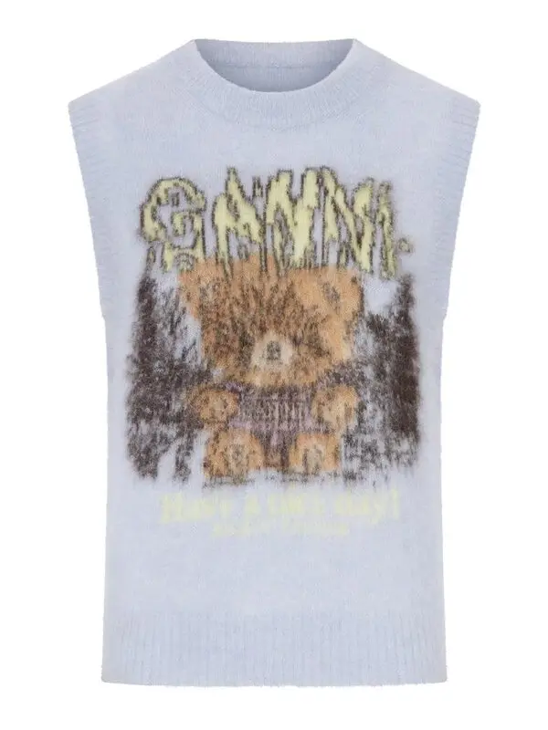 GANNI Crewneck Knitted Vest With Front Graphic Intarsia - Purple