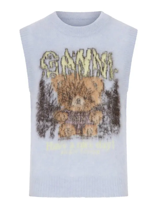 GANNI Crewneck Knitted Vest With Front Graphic Intarsia - Powder Blue
