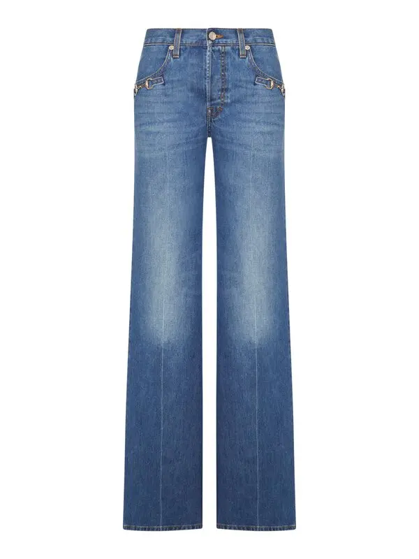 Gucci Cotton Denim Bootcut Trousers With Horsebit Detail - Blu