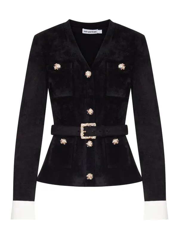 SELF-PORTRAIT Velvet Jacket With Jewel Buttons And Belt - Black