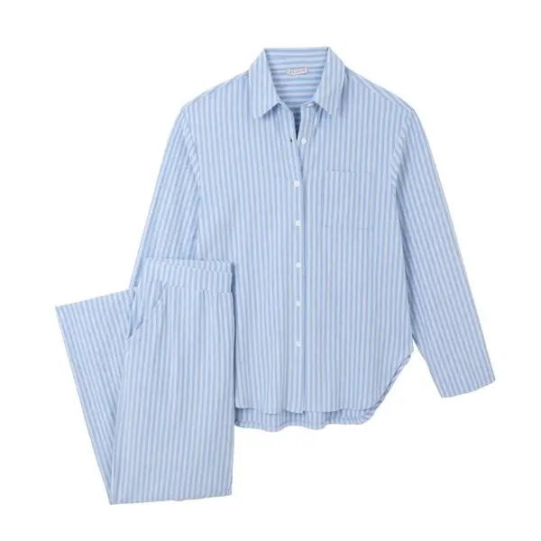 MAMU DREAM Brushed Organic Cotton Jersey Striped Boyfriend-shirt Pj Set - Blue