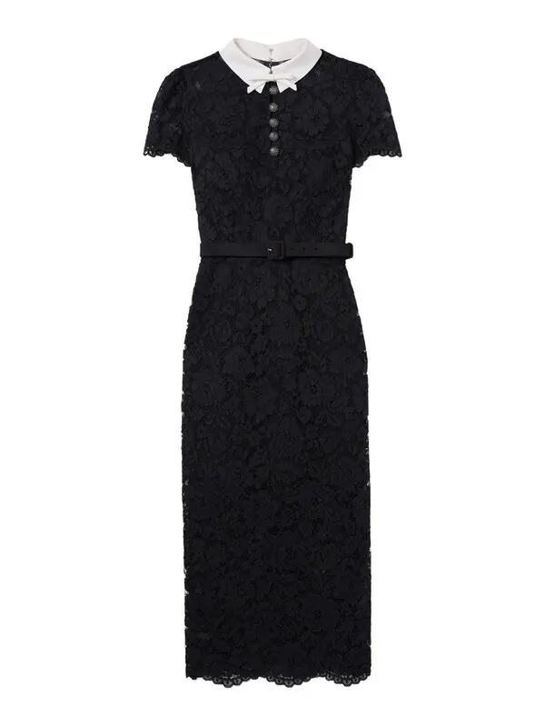 SELF-PORTRAIT Lace Midi Dress With Contrasting Collar - Black