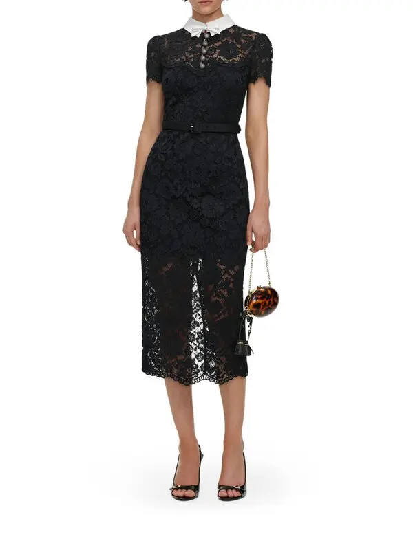 SELF-PORTRAIT Lace Midi Dress With Contrasting Collar - Black