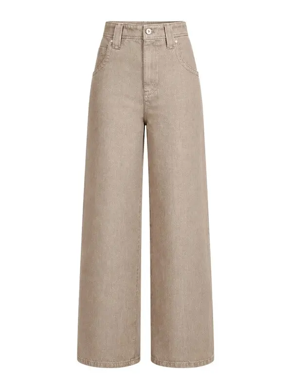 Brunello Cucinelli Beige Lamé Denim Baggy Trousers With Embellishment - Cream