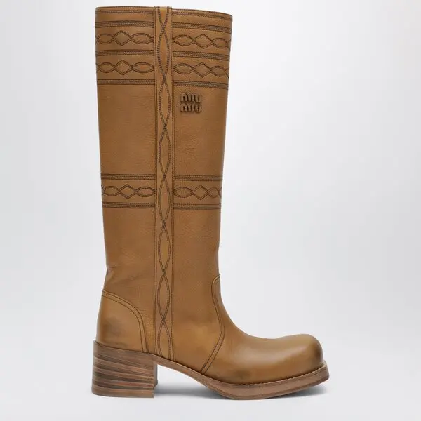 Miu Miu Embroidered Leather Boots In Cuoio