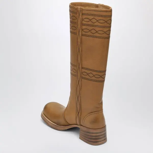 Miu Miu Embroidered Leather Boots In Cuoio