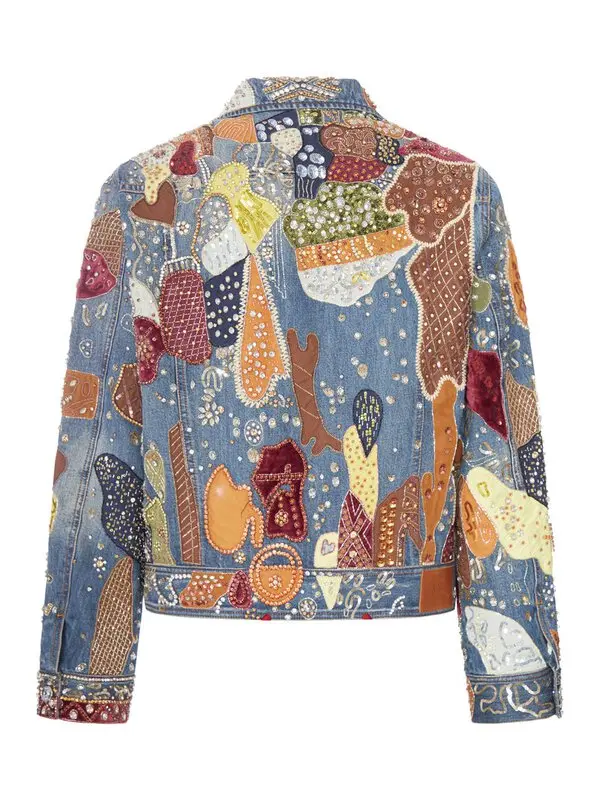 Amiri Embroidered Denim Jacket Embellished With Jewel Appliqués - Multicolor