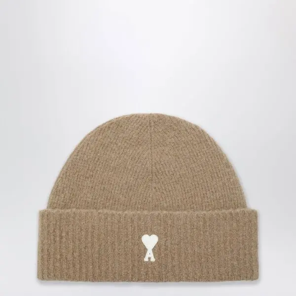 AMI Paris De Coeur Beanie In Wool Blend, Beige - Cream