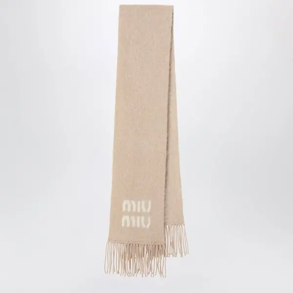 Miu Miu Beige Mohair-blend Scarf With Logo - Cream