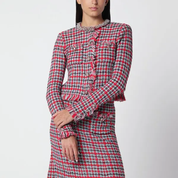 SELF-PORTRAIT Fringed Checked Knit Jacket - Red