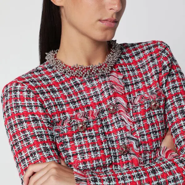 SELF-PORTRAIT Fringed Checked Knit Jacket