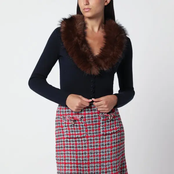 SELF-PORTRAIT Navy Knitted Cardigan With Faux Fur - Blue