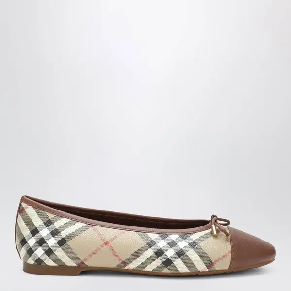 Burberry Beige Highgate Ballerinas In Check Canvas And Leather