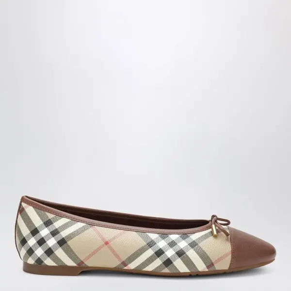 Burberry Beige Highgate Ballerinas In Check Canvas And Leather - Cream