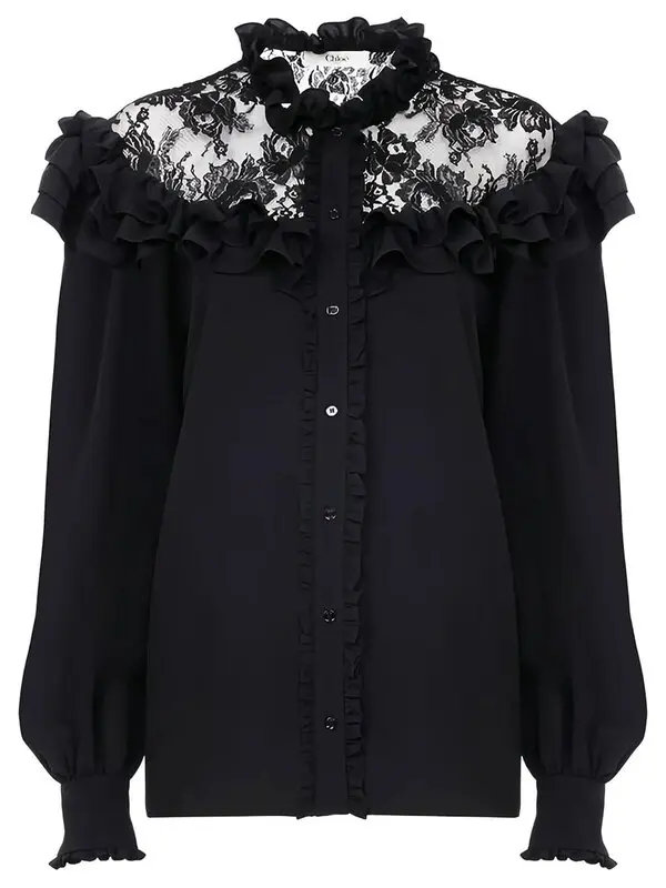 Chloé Blusa A Collo Alto Con Volant In Crêpe De Chine E Pizzo - Black