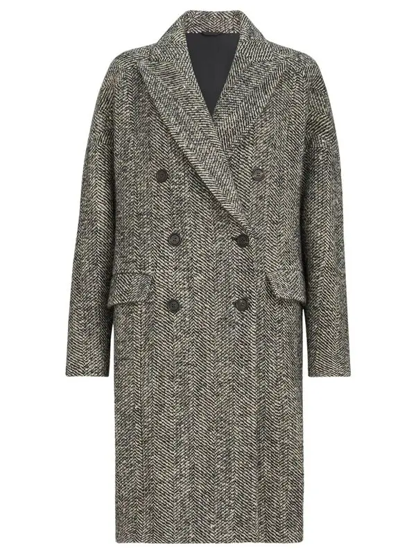 Brunello Cucinelli Cappotto In Chevron Dazzling Di Lana Vergine E Alpaca Con Monile - Gray