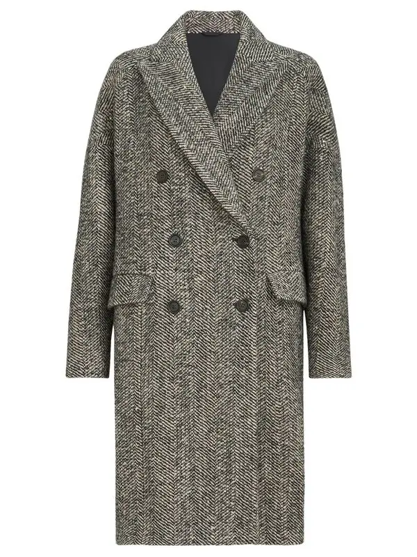 Brunello Cucinelli Cappotto In Chevron Dazzling Di Lana Vergine E Alpaca Con Monile - Gray