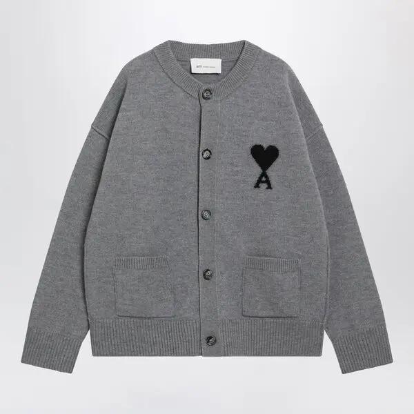 AMI Paris Grey De Coeur Cardigan - Gray